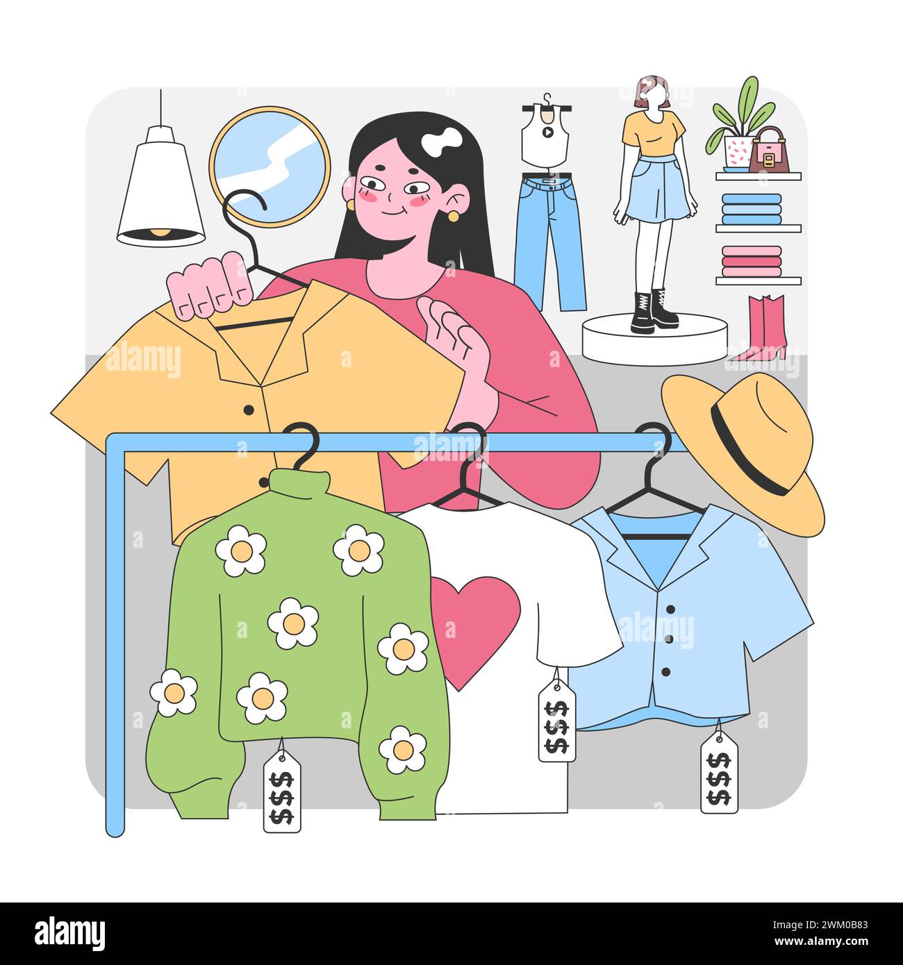 Fashionista's Choice Moment. A delighted woman holds up a shirt ...