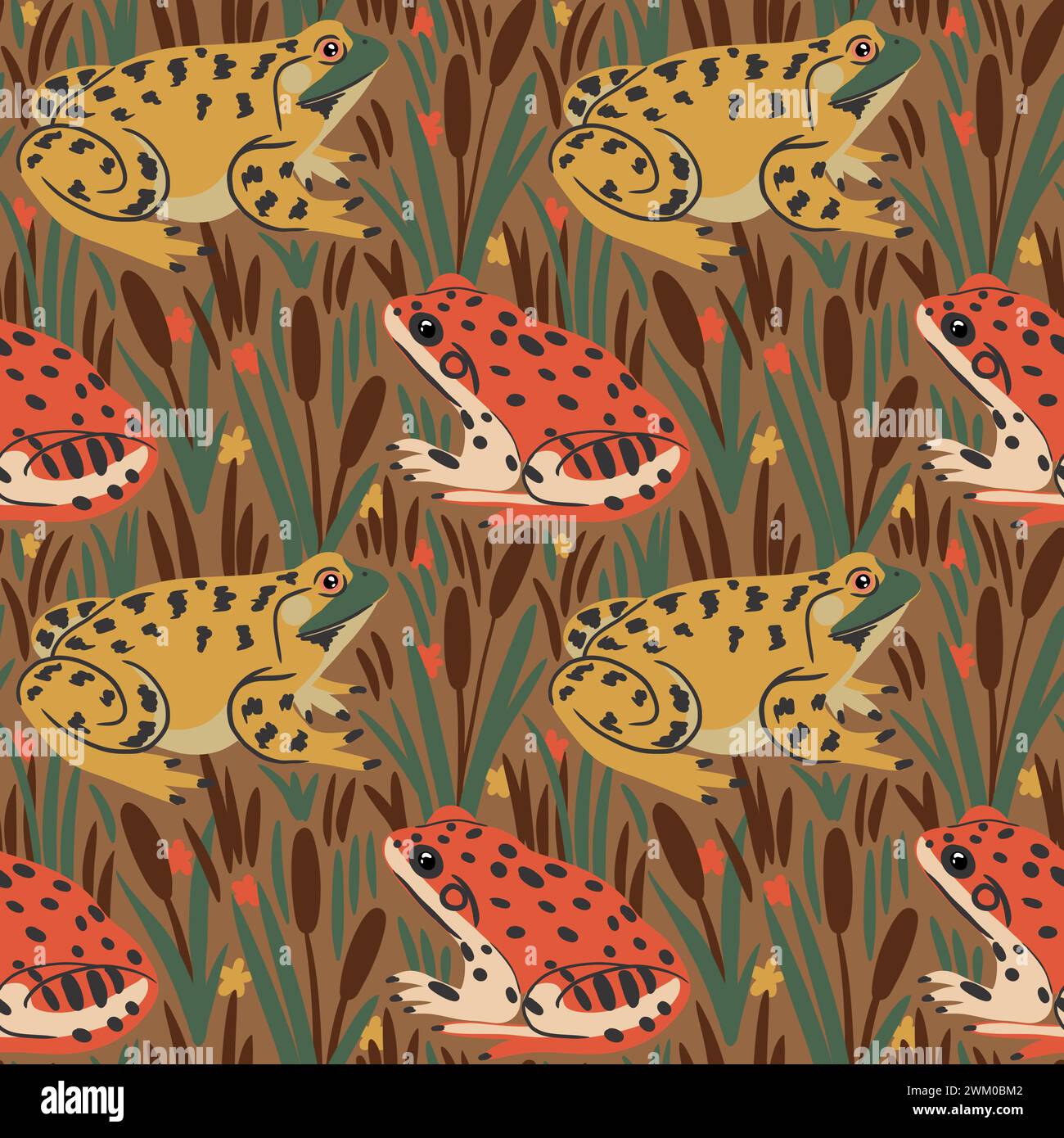 Hand drawn seamless pattern of orange green frogs with cattail plant in ...