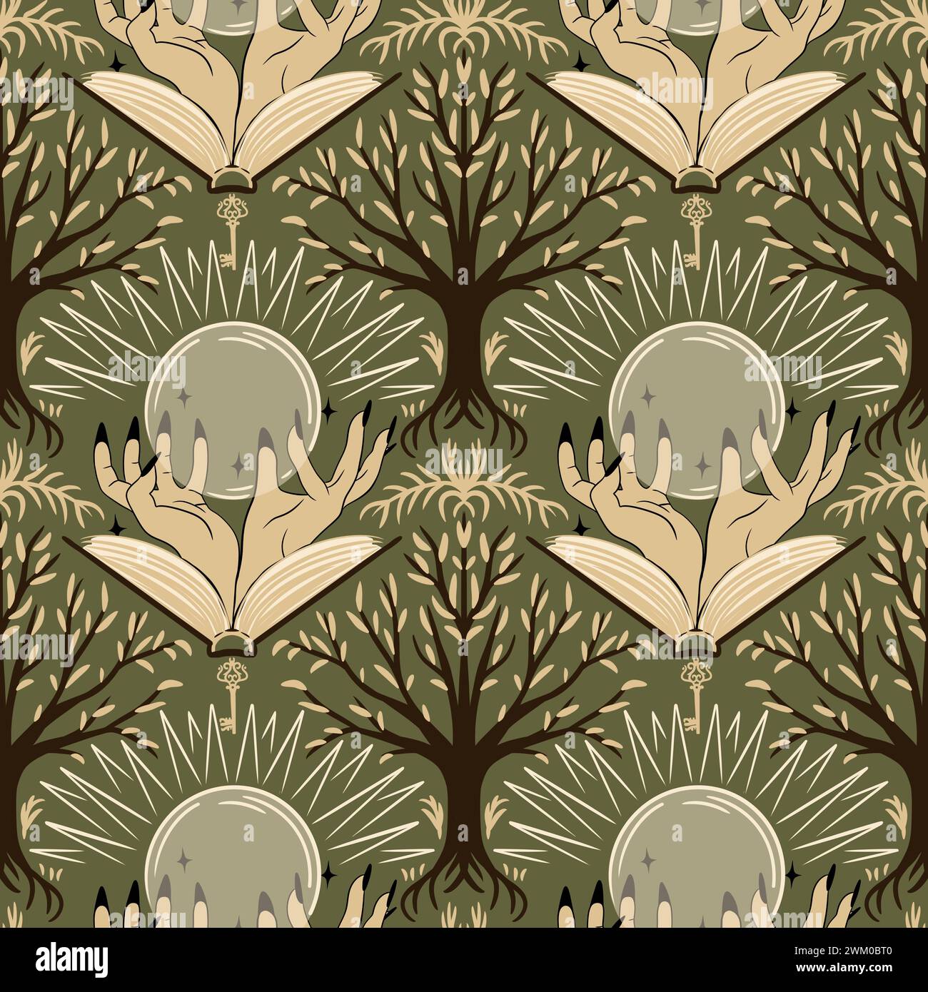 Hand drawn seamless pattern of witch forest tree with crystal ball ...