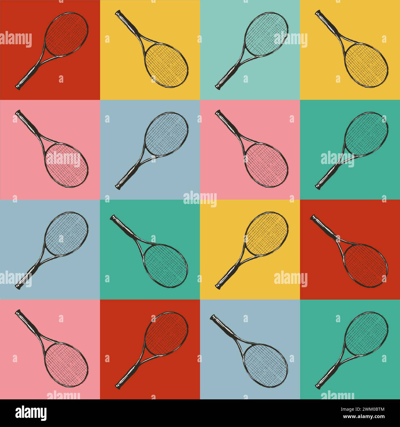 Hand drawn seamless pattern with tennis rackets on colorful blue green ...