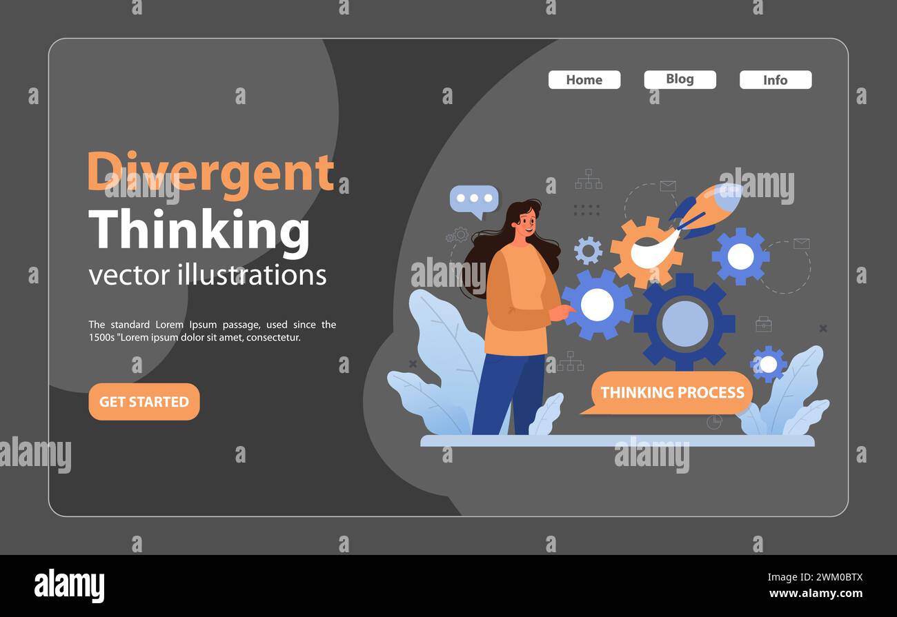 Divergent thinking process concept. Woman engages with intricate gears ... Divergent thinking process concept. Woman engages with intricate gears ...