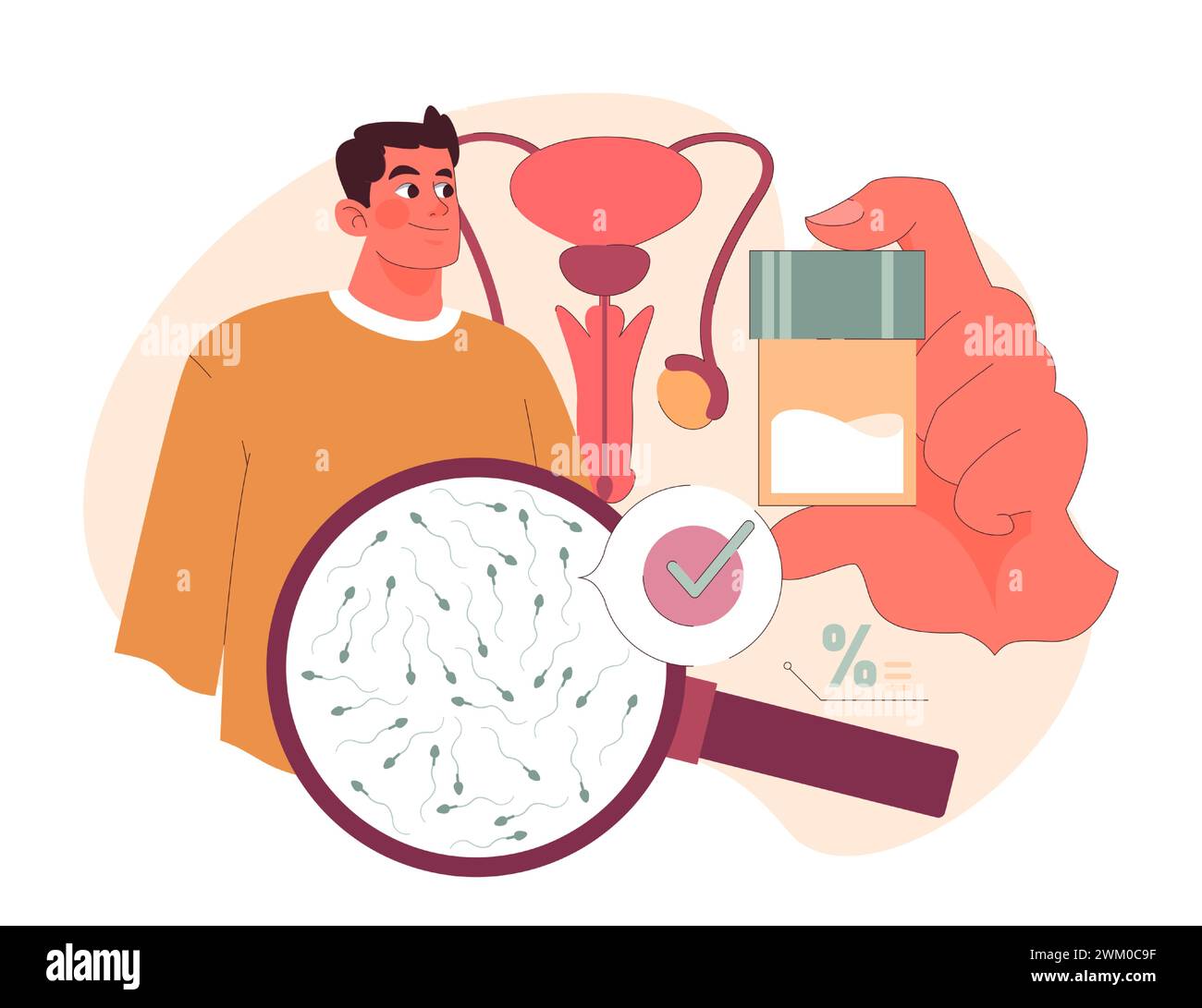 Sperm Quality concept. A confident man stands next to a magnified sperm ...