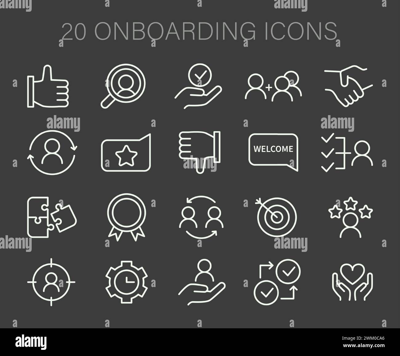 Onboarding icons set. Icons depicting key steps in welcoming and ...