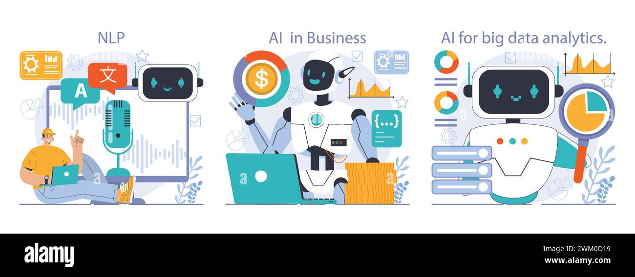 Ai integration set. Artificial intelligence and human synergy. Neural network assistance and ...