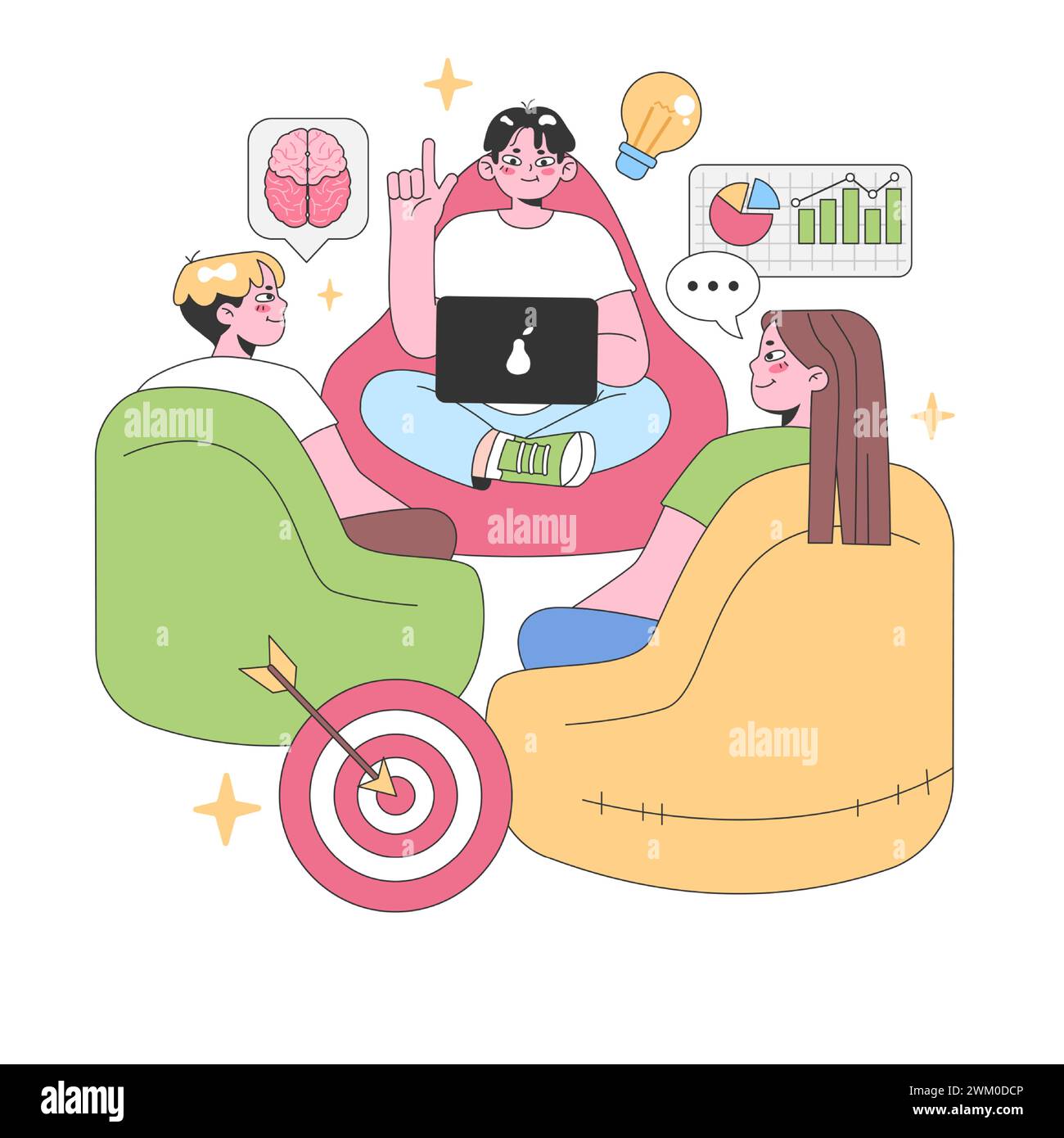 A group in a cozy brainstorming session, with vivid illustrations of a ...