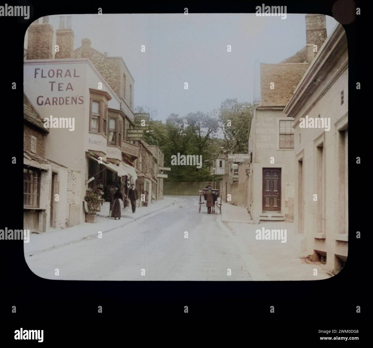 Shops and tea gardens advertised on buildings, Pegwell Bay, Ramsgate, c ...