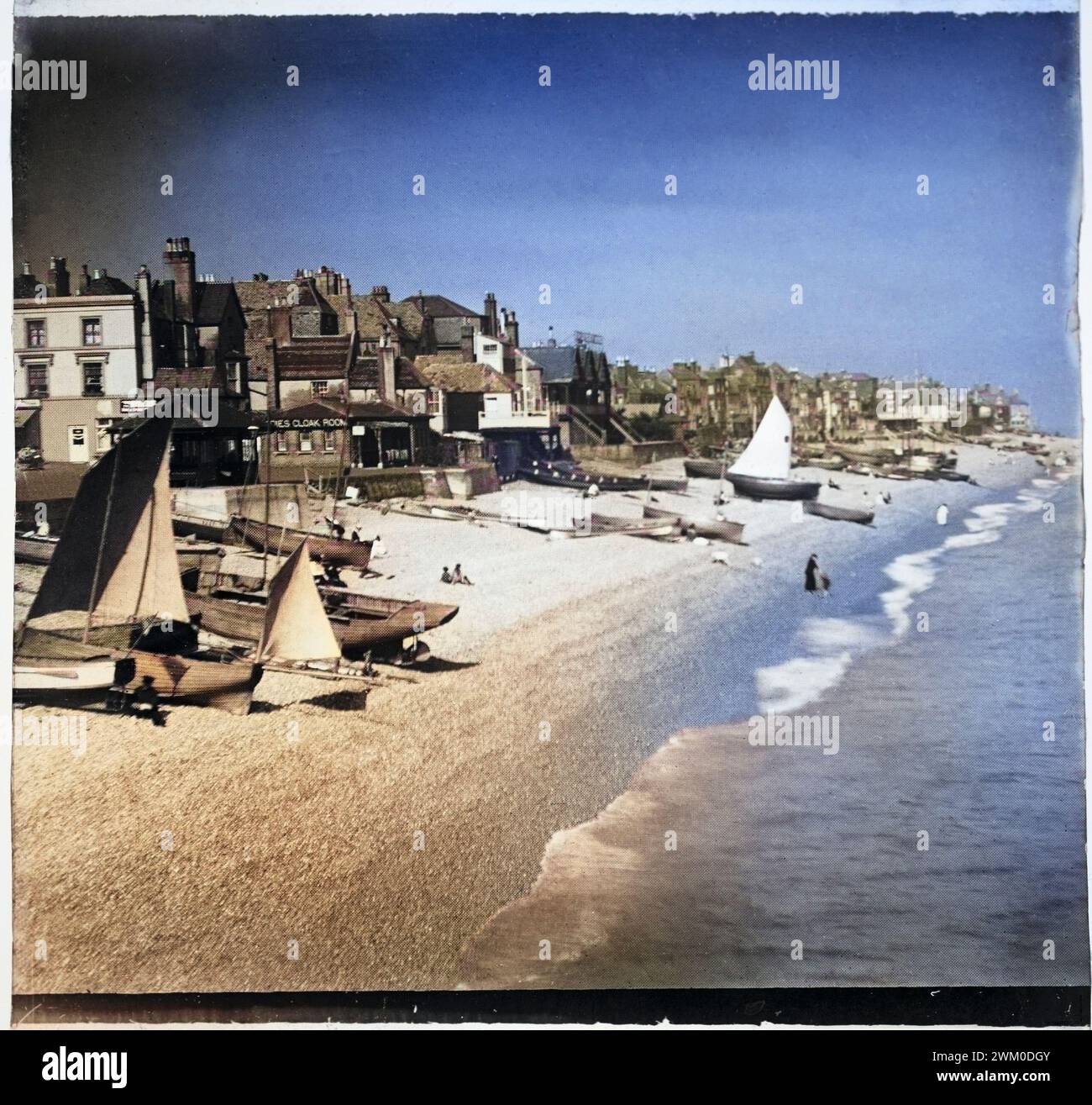 Vintage photograph of beach with fishing boats and people at Deal, Kent ...
