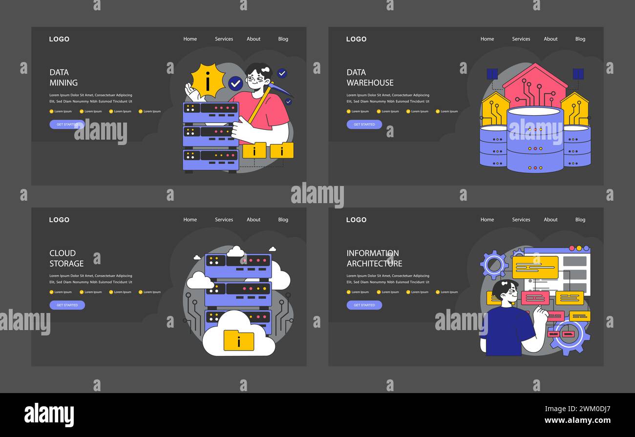 Information management web or landing dark or night mode set. Data mining, storage, processing ...