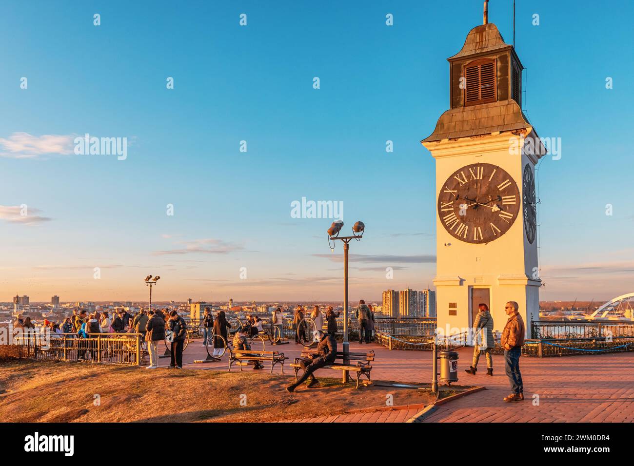 04 January 2024, Novi Sad, Serbia: sun sets over Novi Sad, the iconic ...