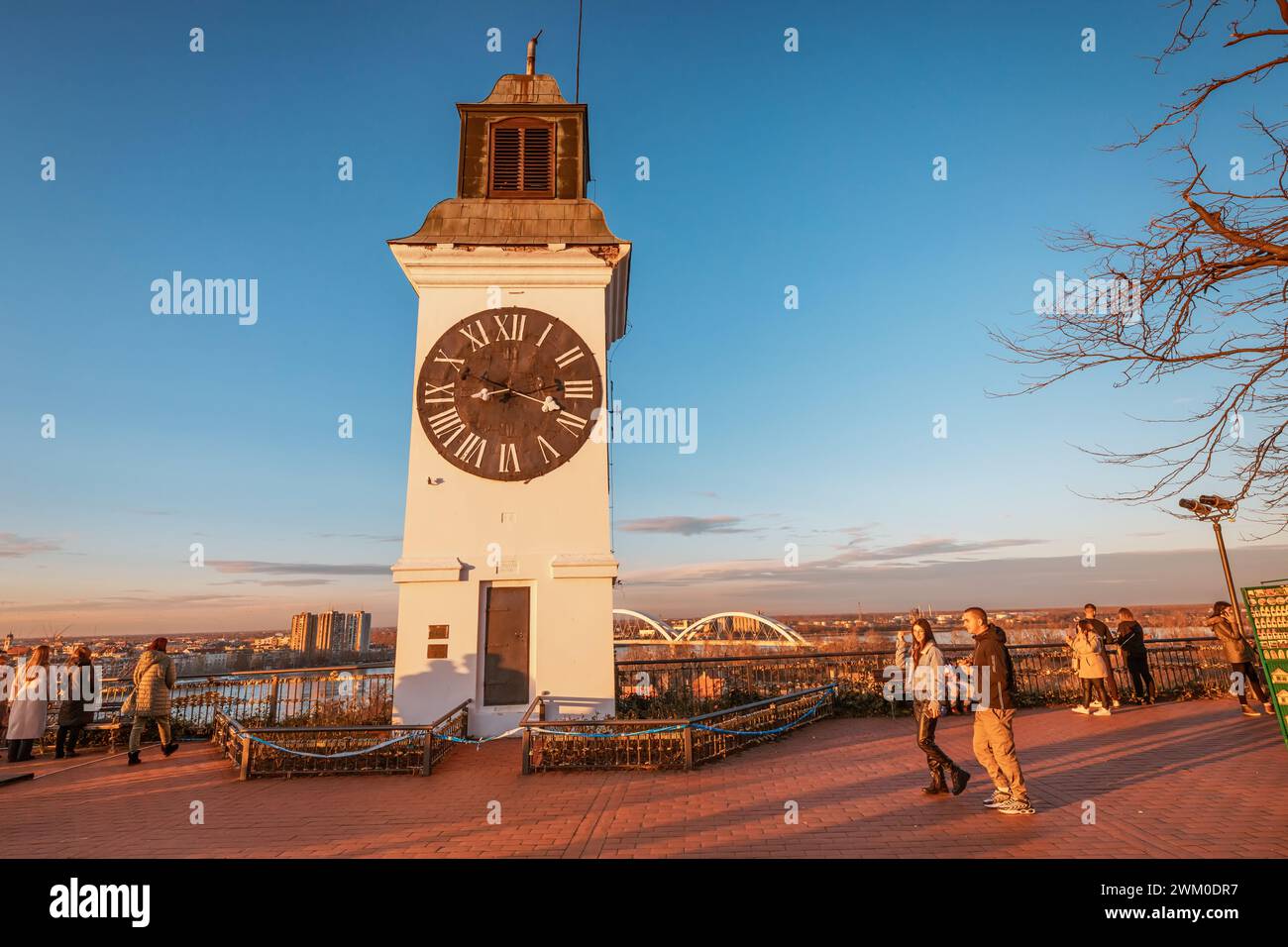 04 January 2024, Novi Sad, Serbia: historic clock tower of Petrovaradin ...