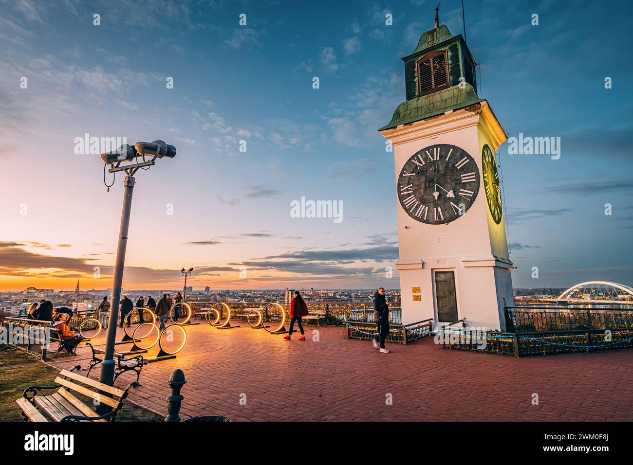 04 January 2024, Novi Sad, Serbia: historic clock tower of Petrovaradin ...