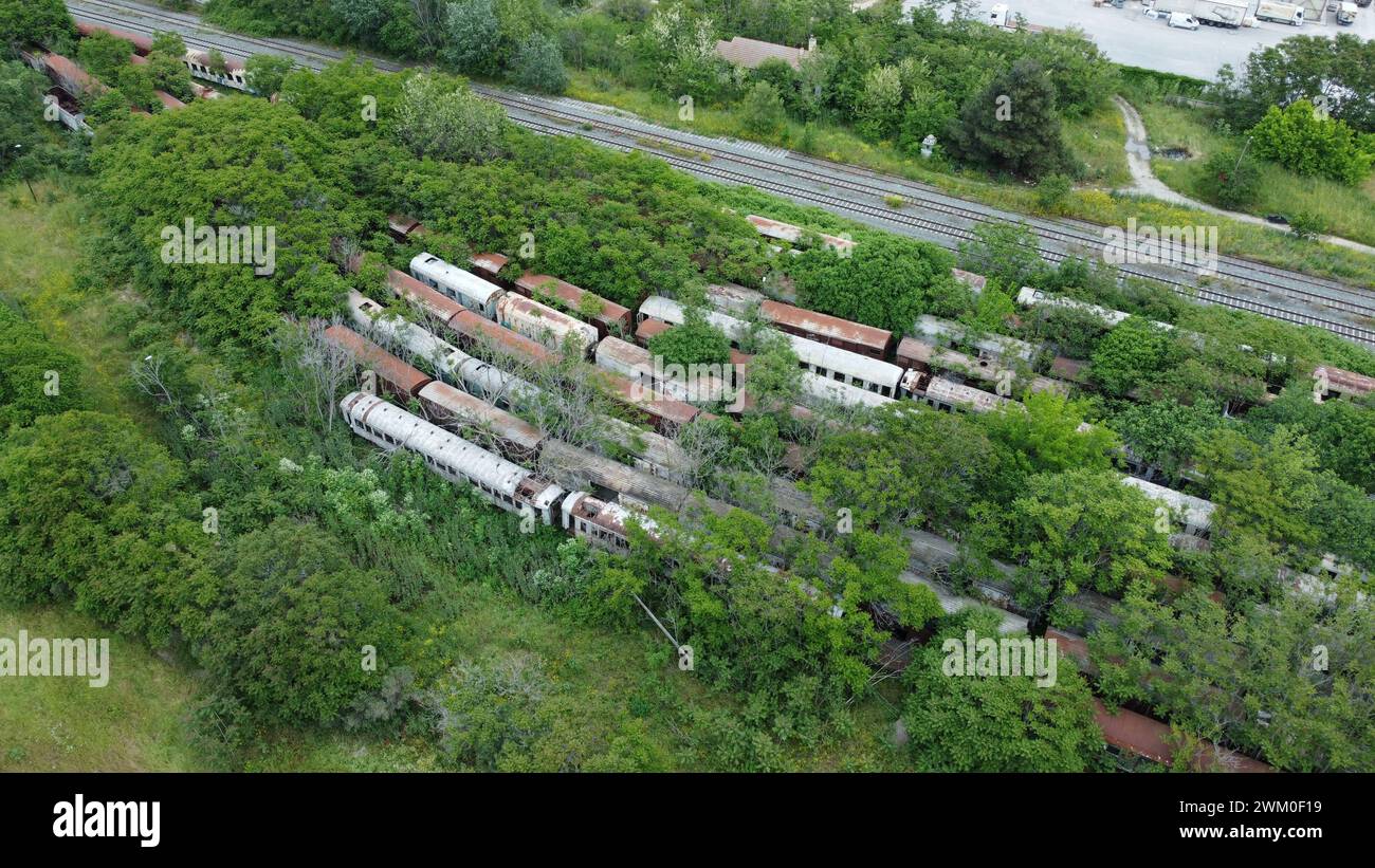 Drone photo of derelict abandoned OSE Greek railways carriage and ...