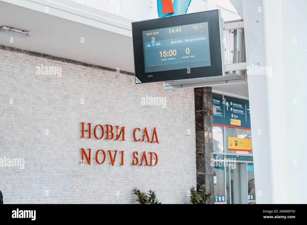 05 January 2024, Novi Sad, Serbia: Sign at the railway station platform ...