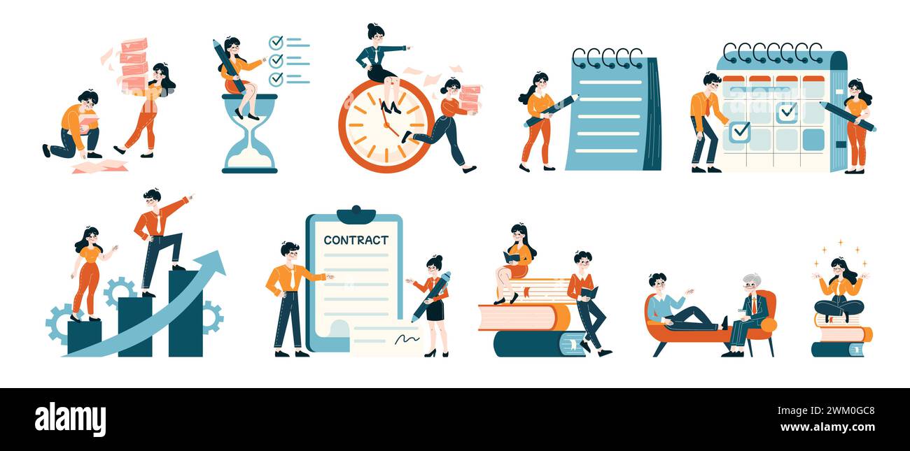 Corporate Efficiency set. Employees orchestrating time management and ...