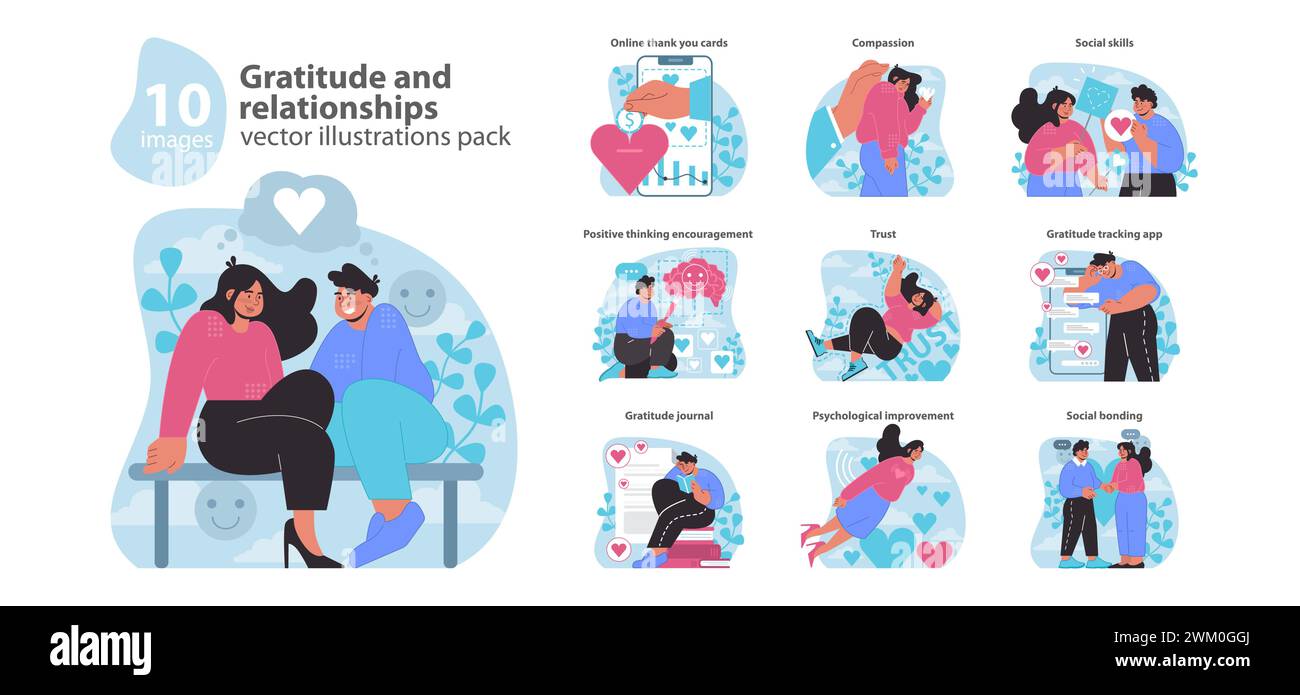 Gratitude and relationships set. Celebrating emotional connections and ...