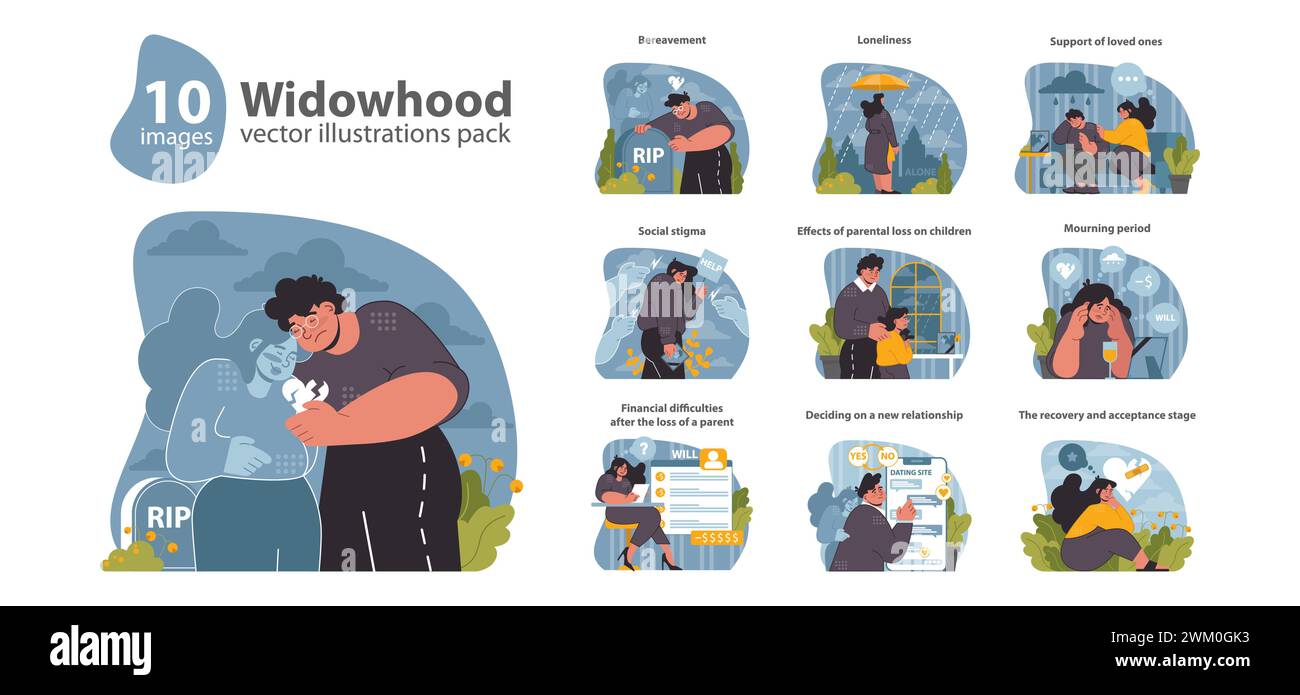 Widowhood set. Navigating life after a spouse's death. Grieving process ... Widowhood set. Navigating life after a spouse's death. Grieving process ...