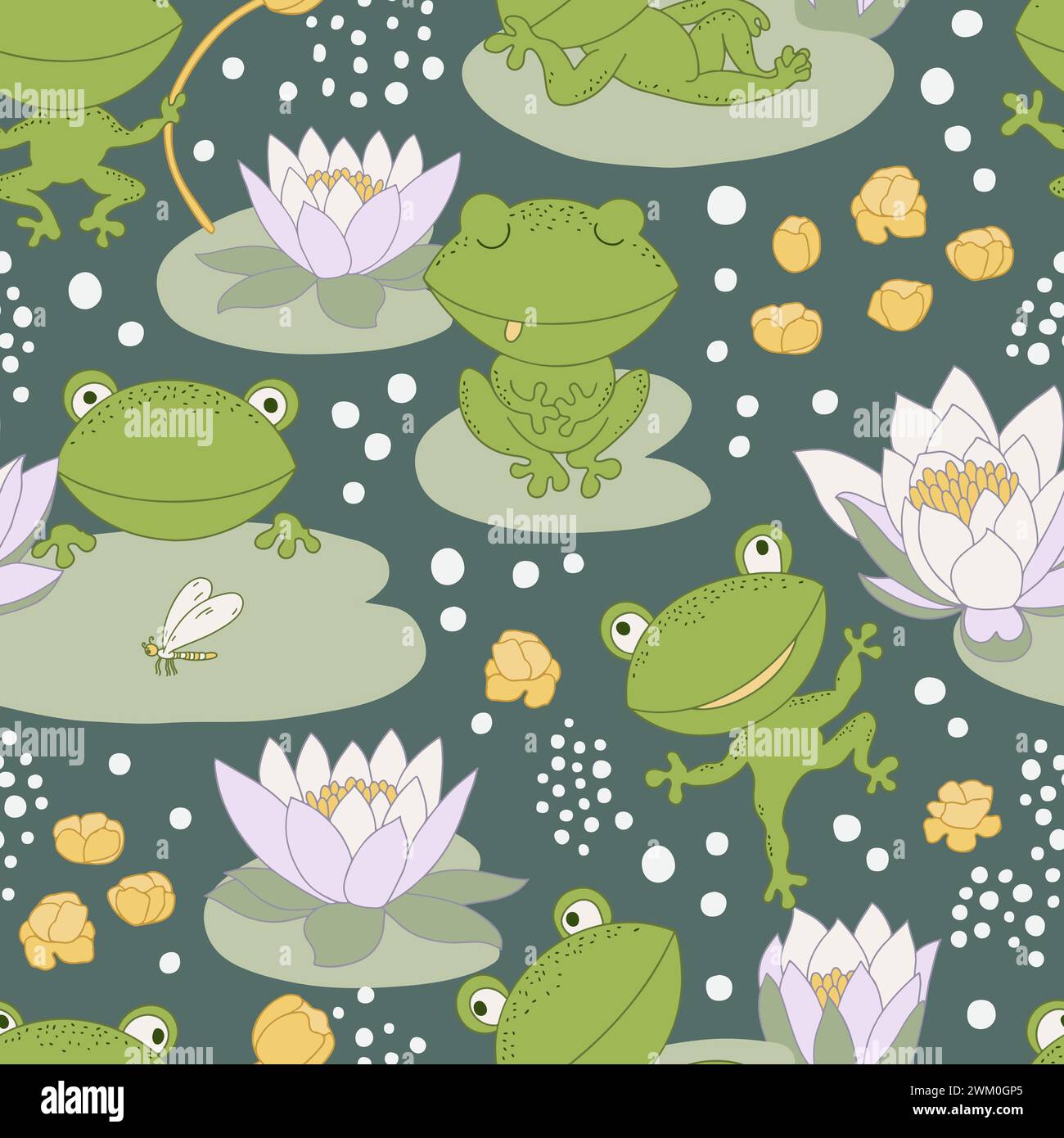 Little frogs in the pond. Hand drawn cartoon style seamless pattern ...