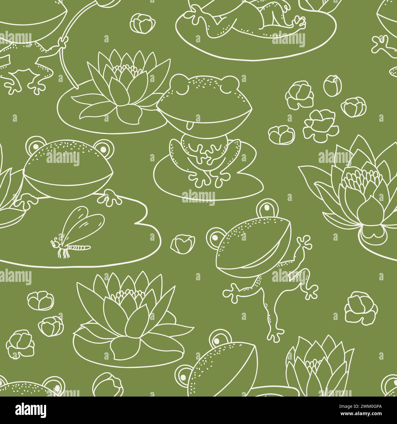 Little frogs outline on green background. Hand drawn cartoon style ...