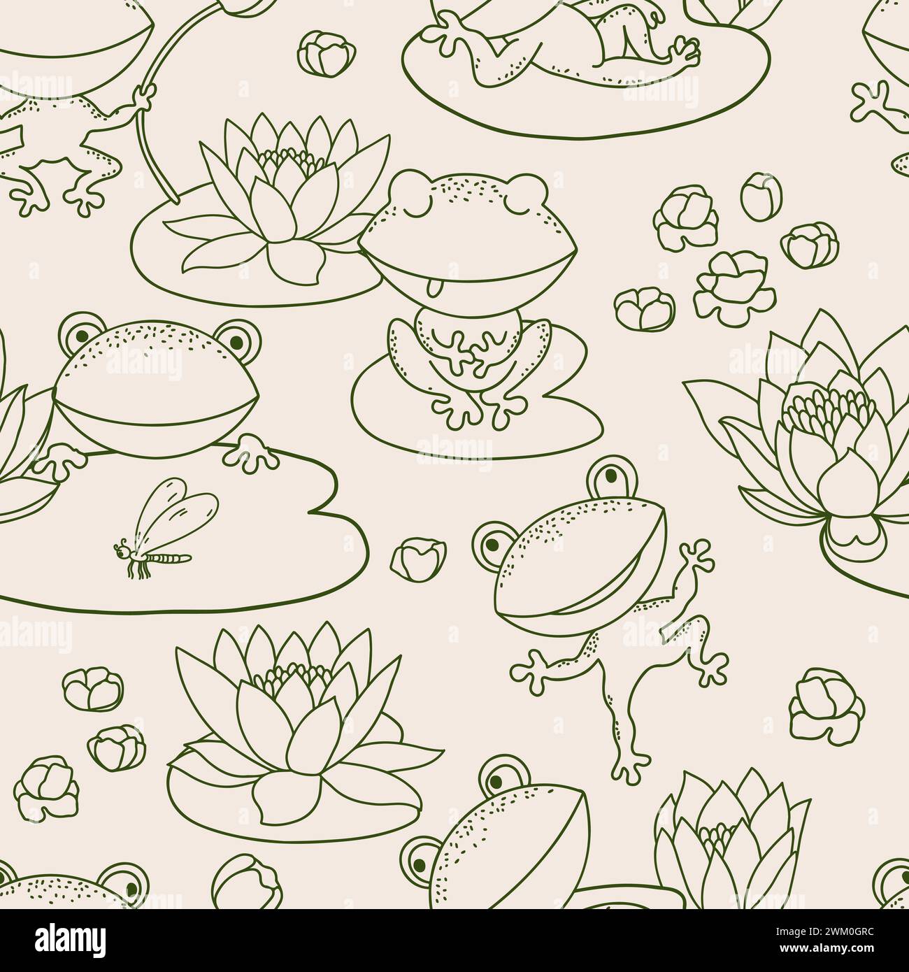 Little frogs outline on beige background. Hand drawn cartoon style ...