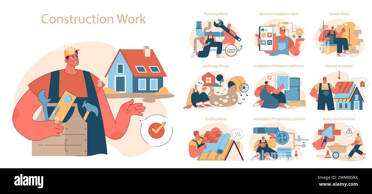 Construction work set. Diverse crew performing plumbing, electrical ...