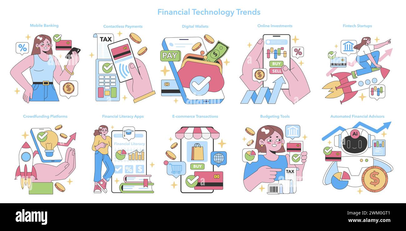 Fintech Trends set. Showcases modern financial services. Mobile banking ...