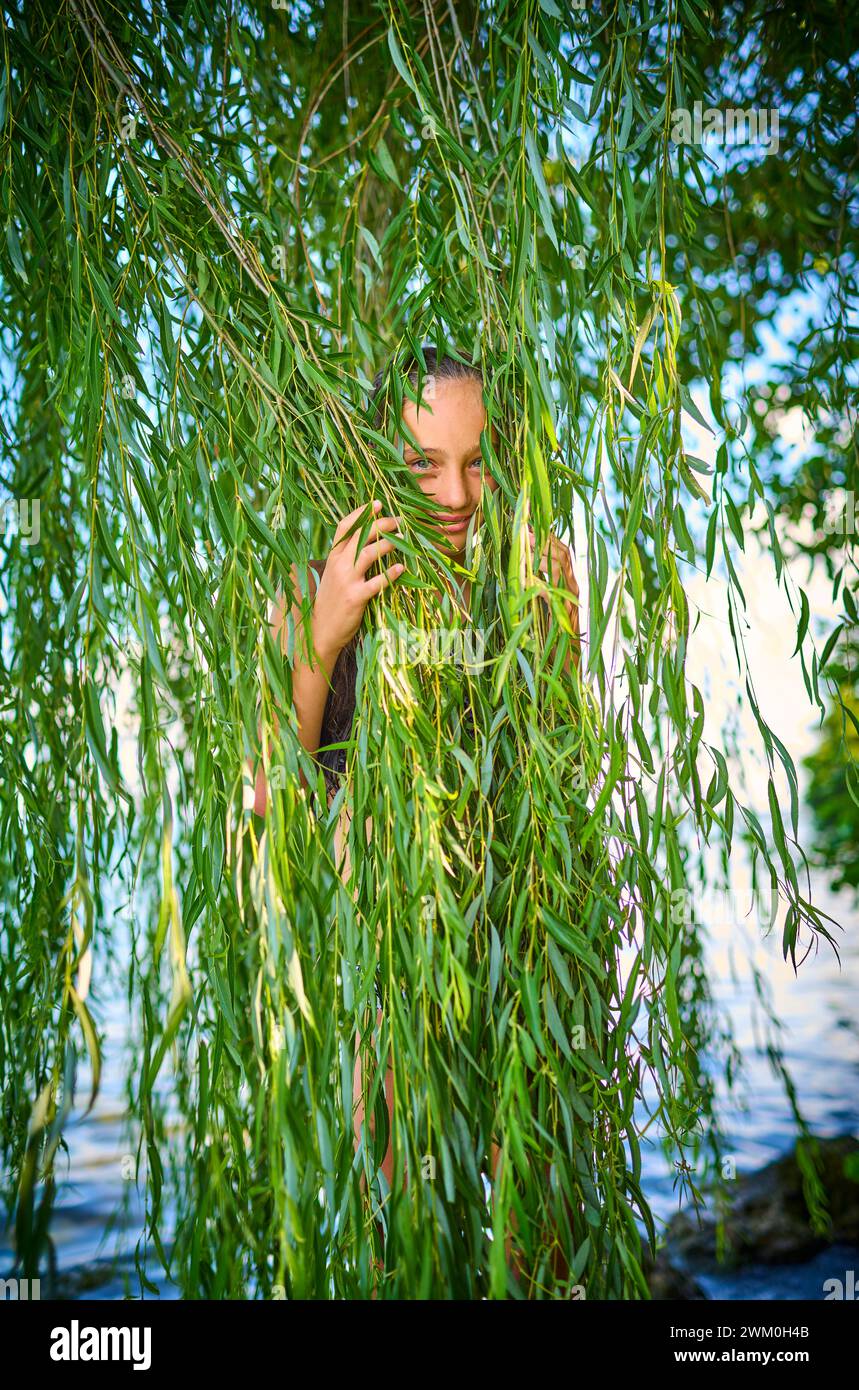 Playful girl hiding behind leaves of willow tree Stock Photo - Alamy