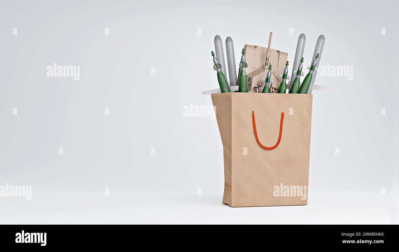 3D render of tank and missiles in paper bag symbolizing arms trade ...