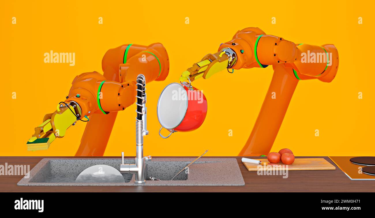 3D render of robotic arms washing dishes in sink Stock Photo - Alamy
