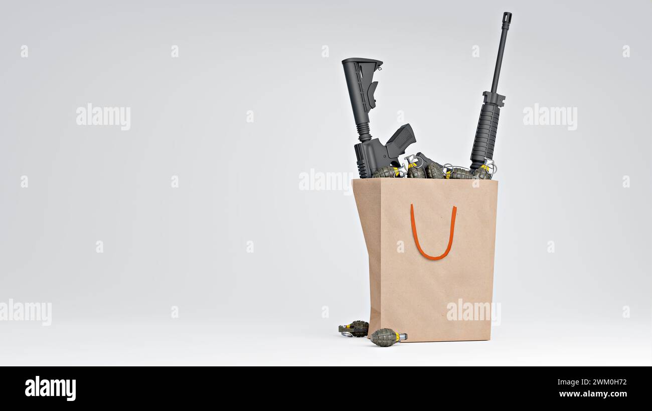 3D render of assault rifles and hand grenades in paper bag symbolizing ...