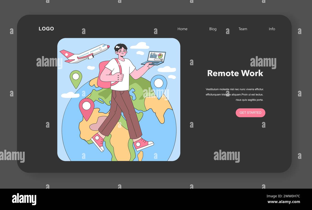 Digital nomad adventures. Young man with a backpack stands on a global map, holding a laptop ...