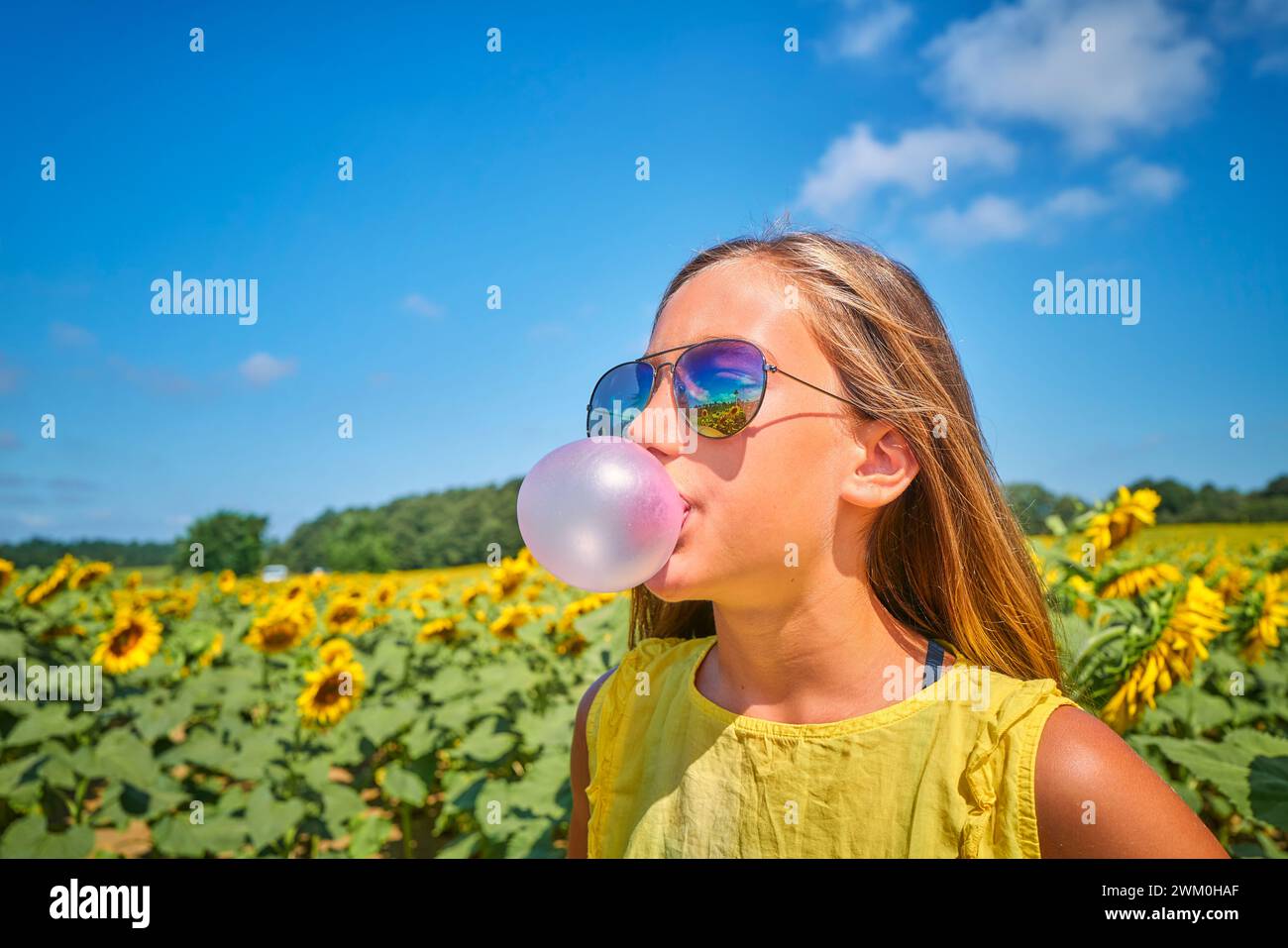 Girl blowing bubble gum in sunflower field on sunny day Stock Photo - Alamy