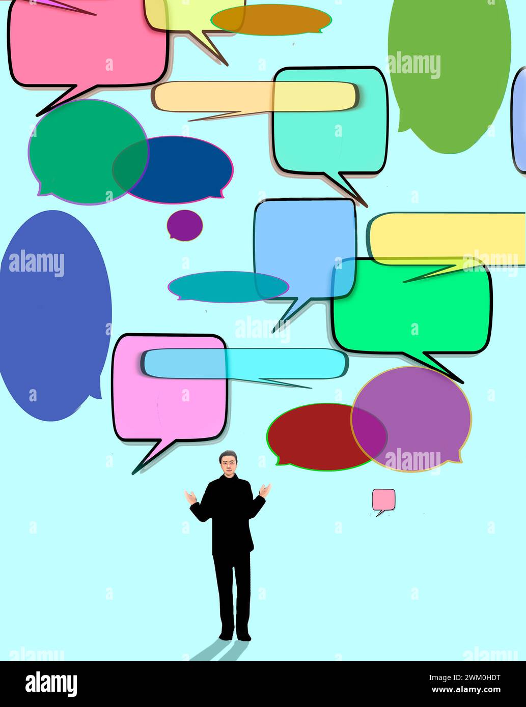 Man standing under various speech bubbles against blue background Stock ...