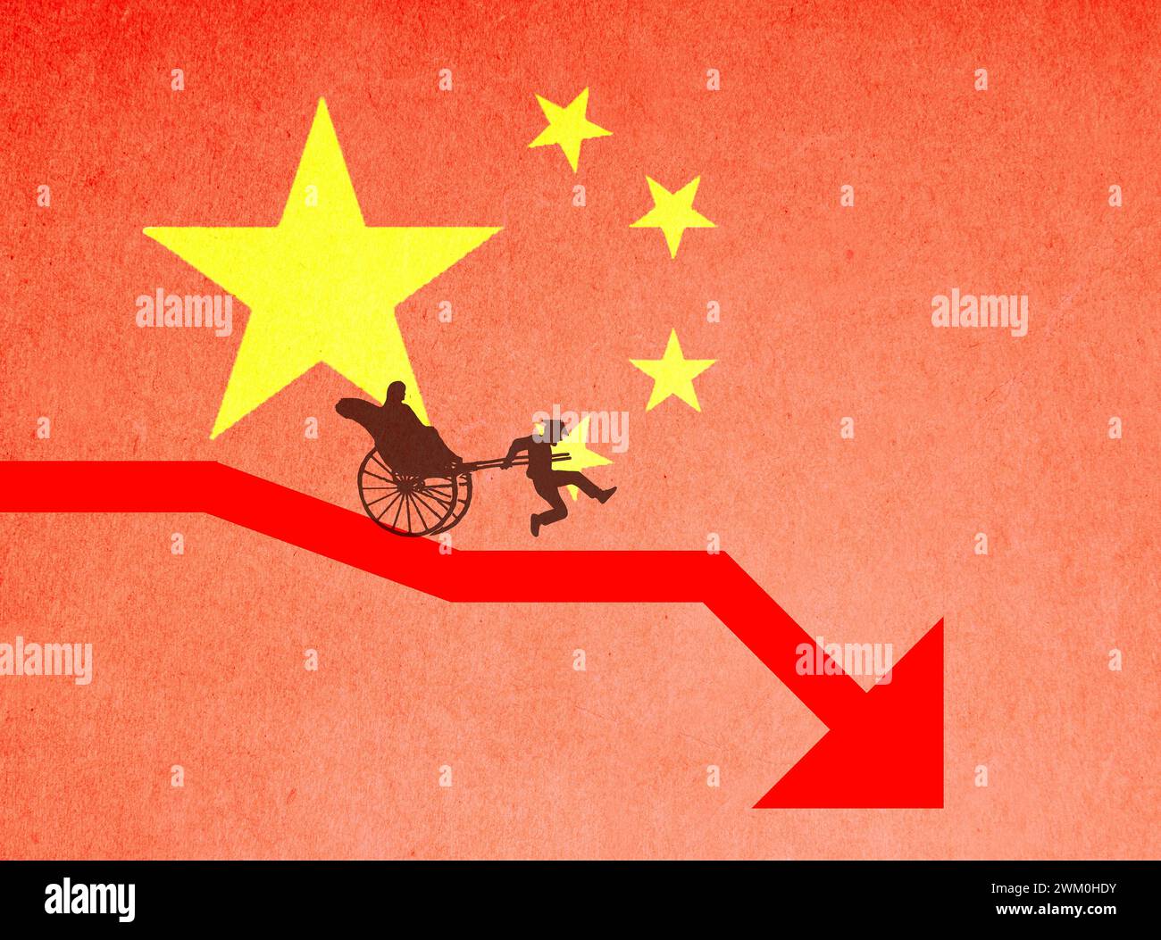 Man pulling rickshaw on descending arrow in front of Chinese flag Stock ...