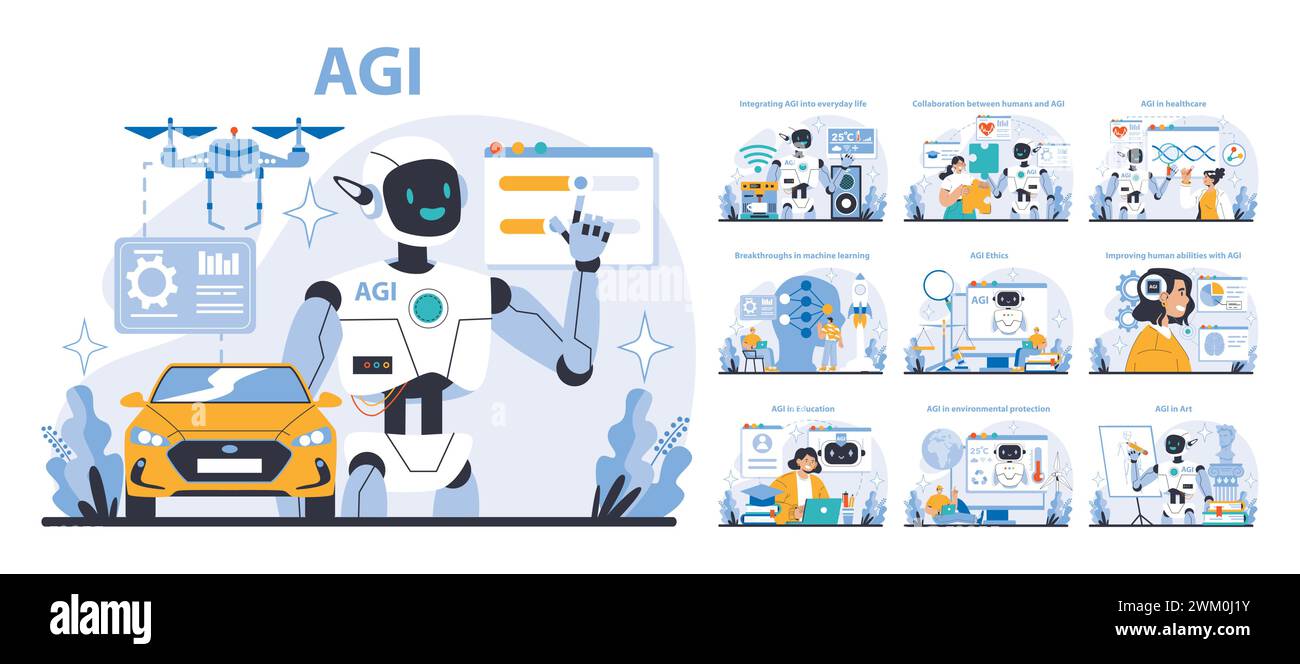 AGI set. Futuristic AI integration in daily life, healthcare, and ...