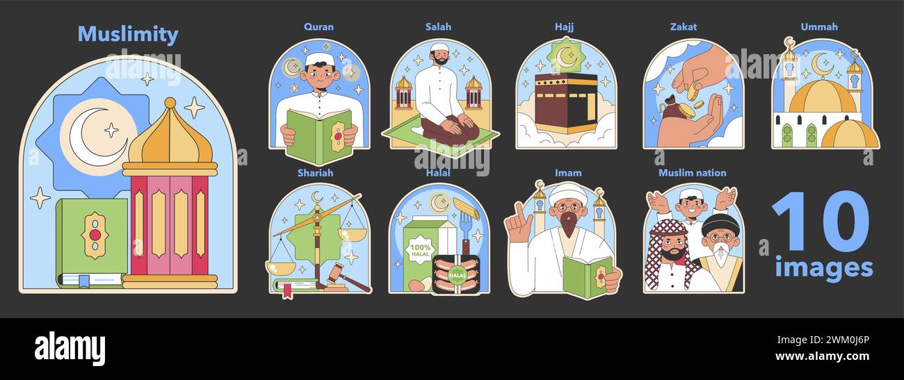 Muslimity set. Illustrations of Islamic practices, including reading ... Muslimity set. Illustrations of Islamic practices, including reading ...