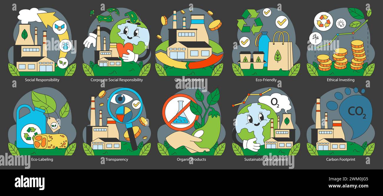 Ethical consumption set. Highlights responsible business practices and ...