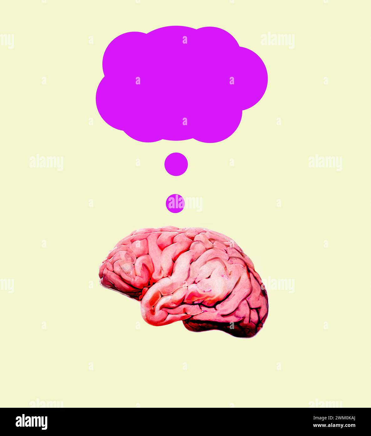 Thought bubble above brain against yellow background Stock Photo - Alamy