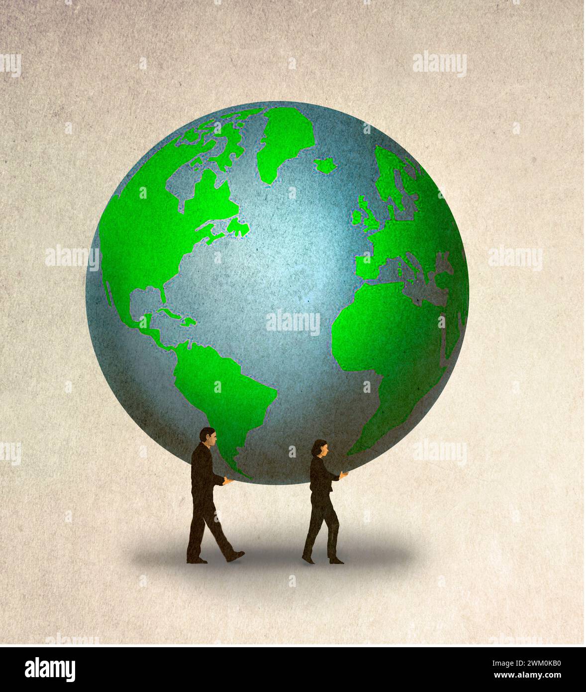 Man and woman carrying planet earth against beige background Stock ...