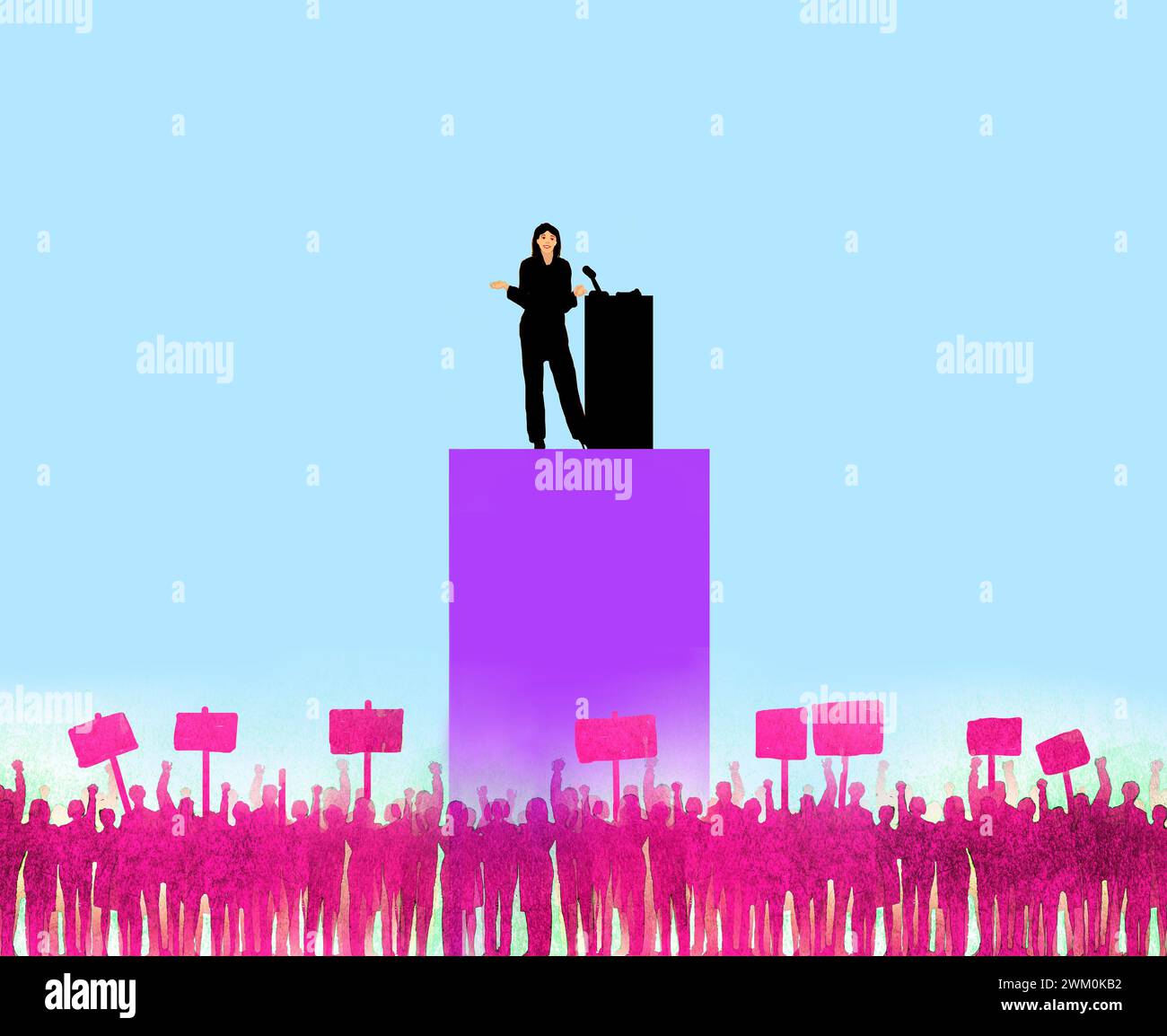 Woman with lectern addressing protesters against blue background Stock ...