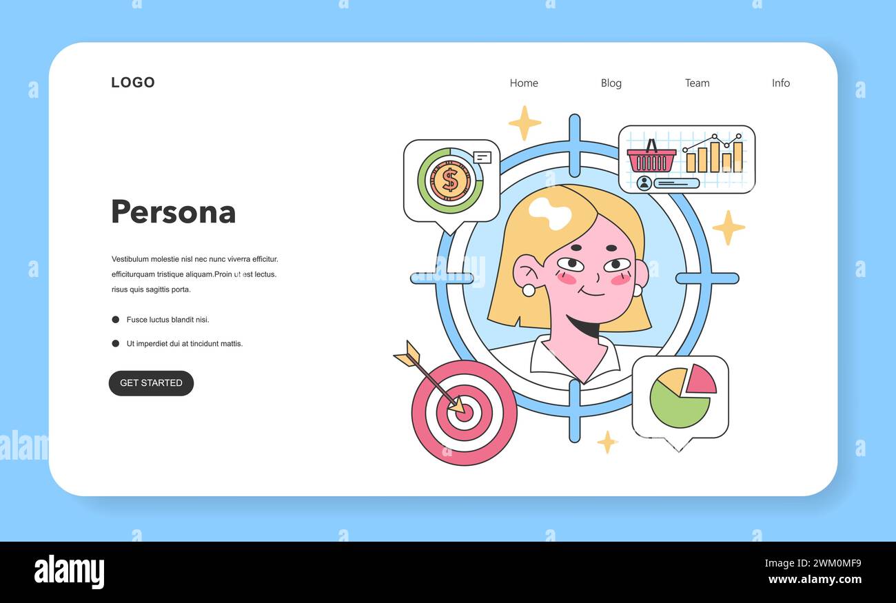 Persona concept. A blonde woman surrounded by marketing symbols ...