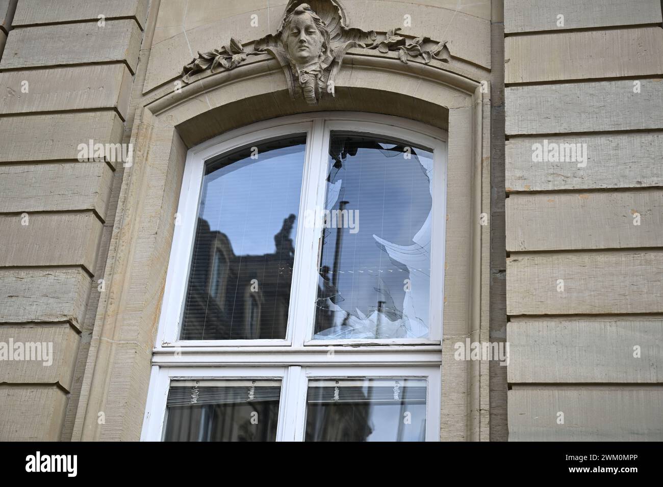 Stuttgart, Germany. 23rd Feb, 2024. A smashed window pane at the New ...