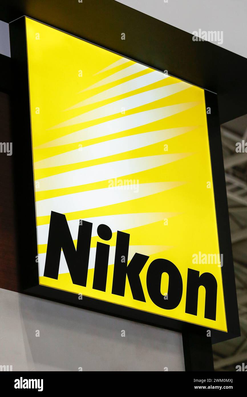 Yokohama, Japan. 23rd Feb, 2024. The Nikon logo is on display at the CP ...