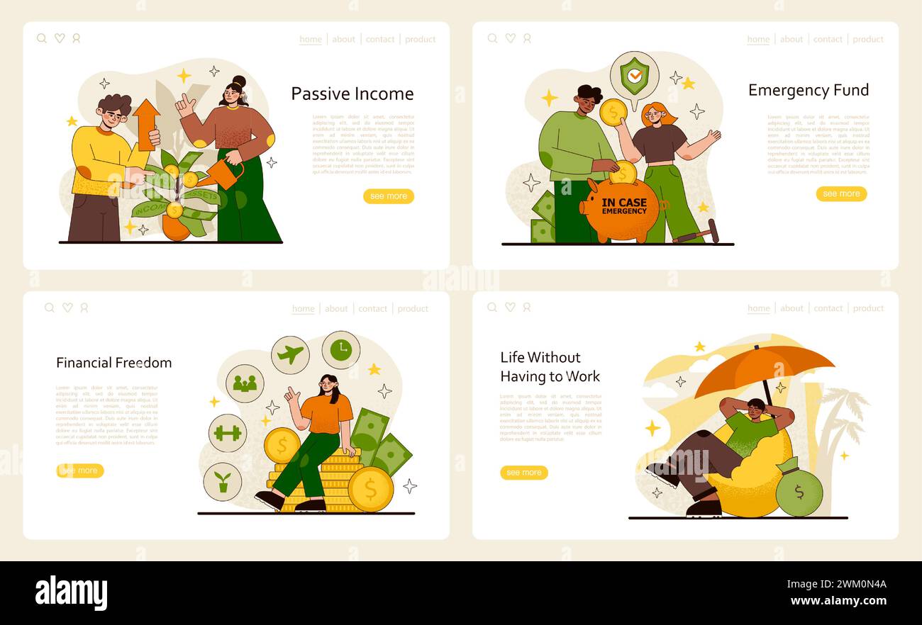 Financial Independence set. Illustrates nurturing passive income ...