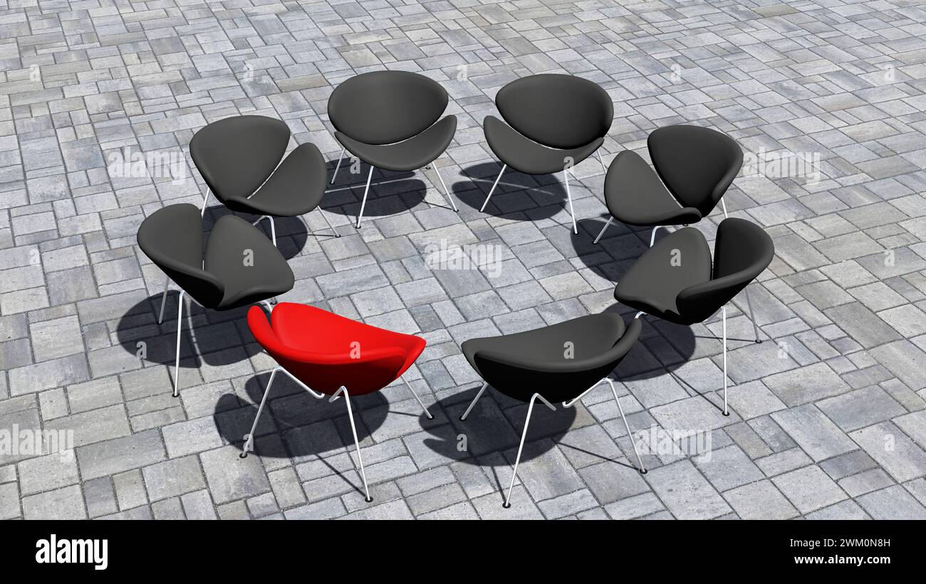 Conceptual red chair standing out in a meeting on a concrete floor ...