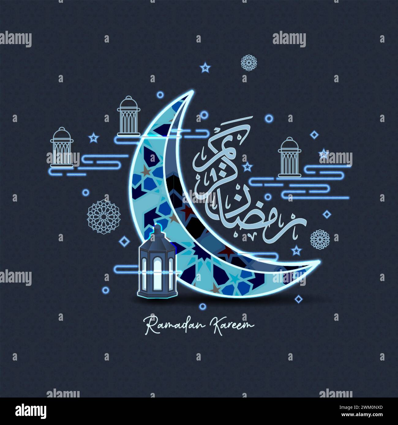 Ramadan Kareem background with Arabic calligraphy word. Crescent lantern and Islamic elements ...