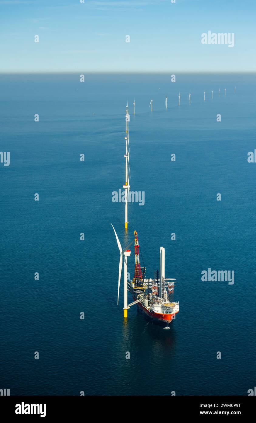 Netherlands, North Holland, IJmuiden, Aerial view of wind turbine ...
