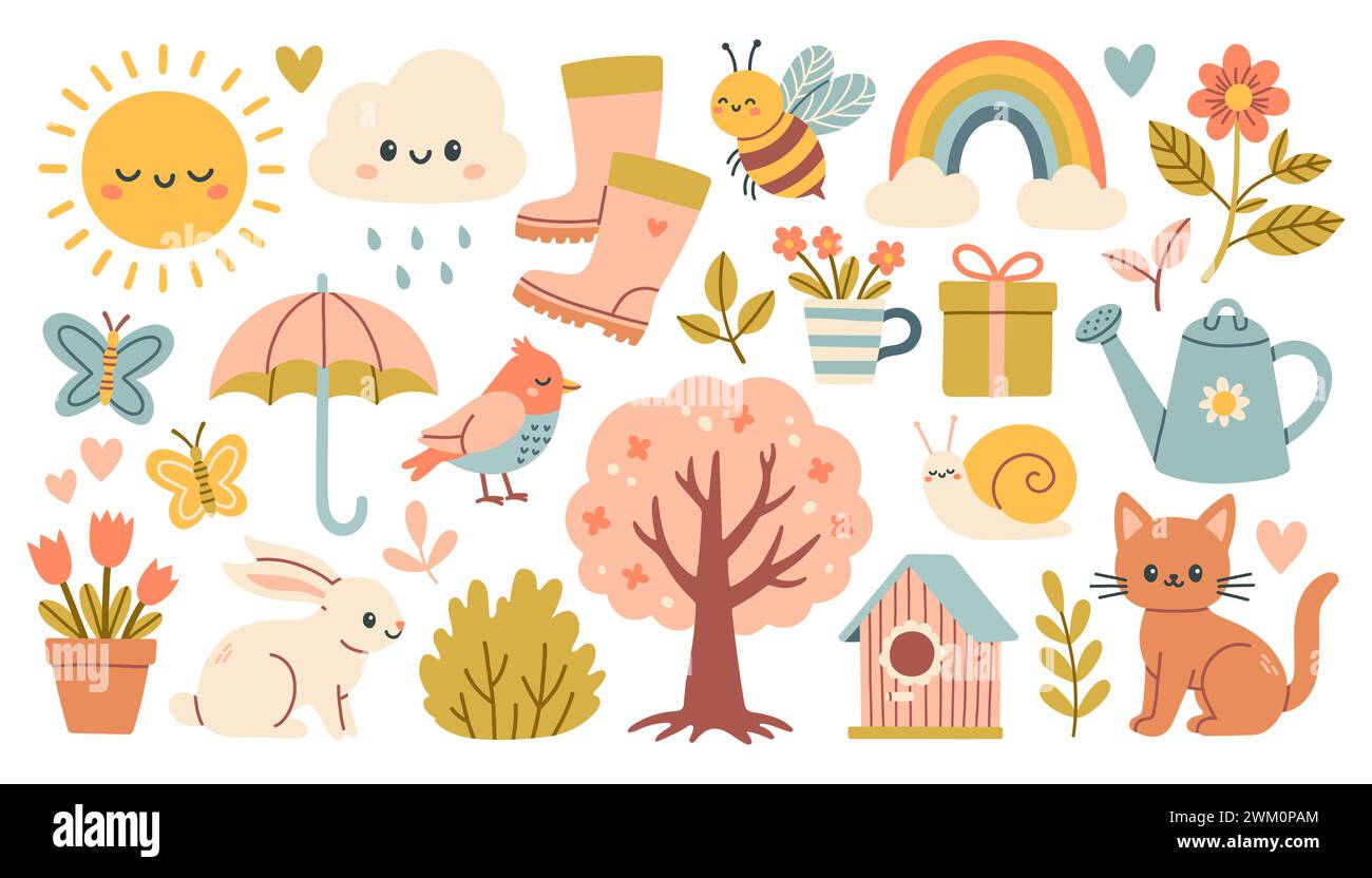 Spring set of cute birds, flowers and decorations. Poster, card ...