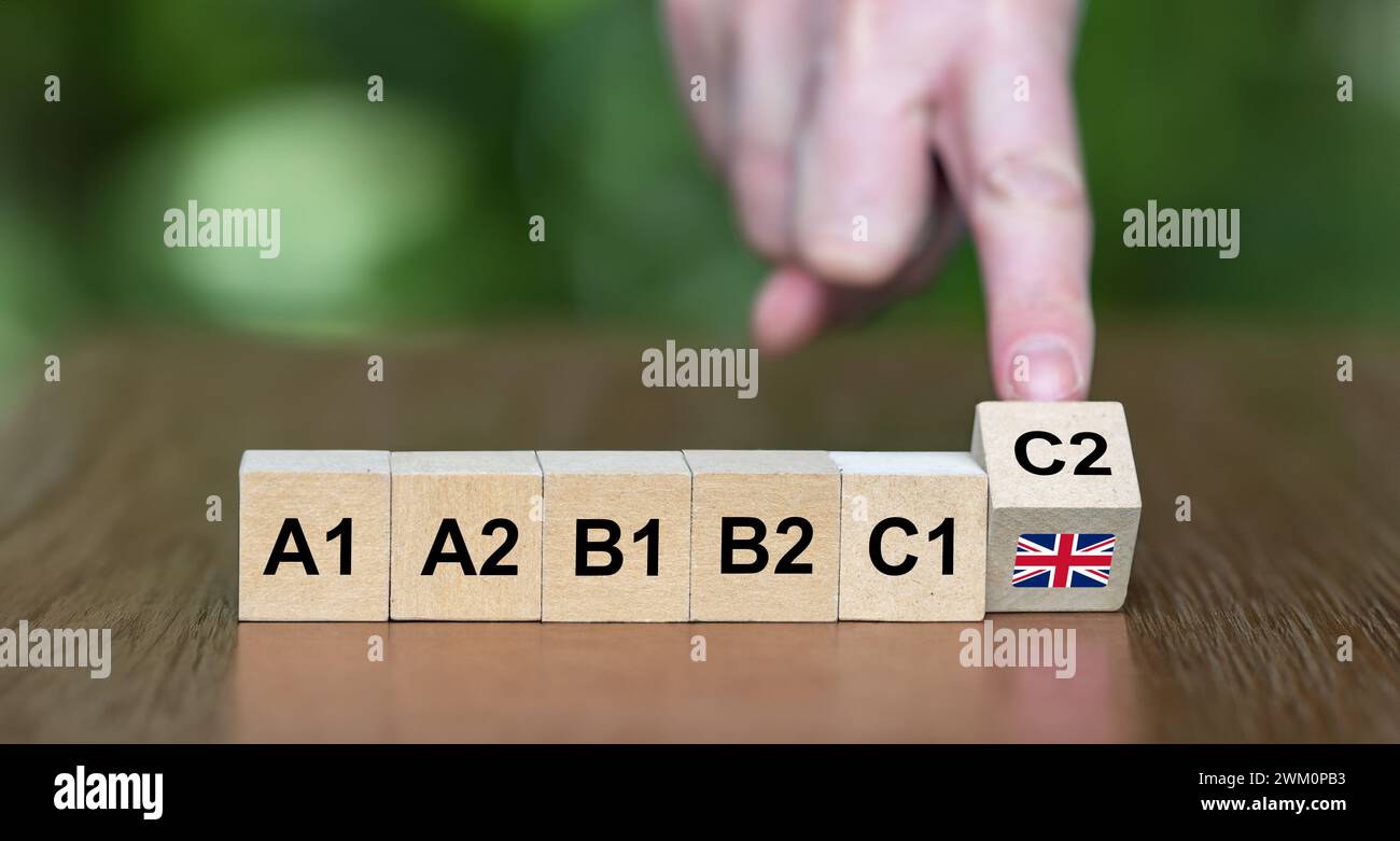 Symbol for learning the English language. Wooden cubes show the skill ...