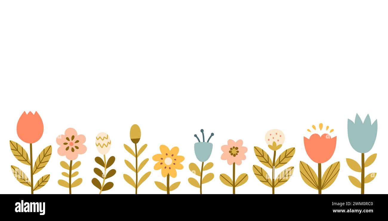 Horizontal border with pastel spring summer flowers. Isolated on white ...
