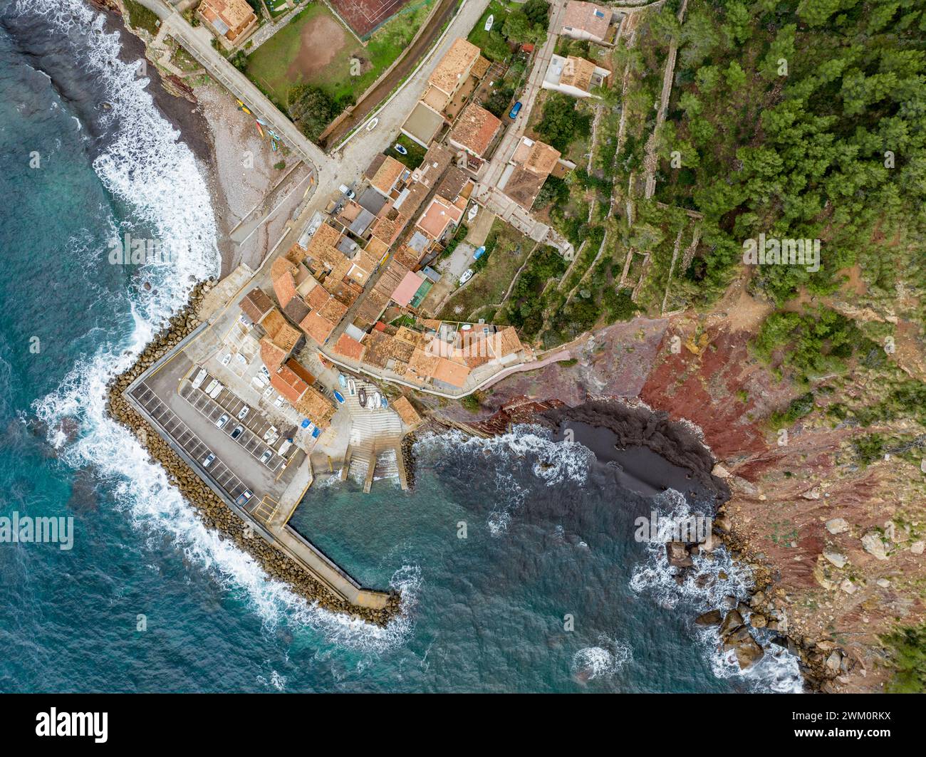 Spain, Balearic Islands, Port de Valldemossa, Aerial view of fishing ...